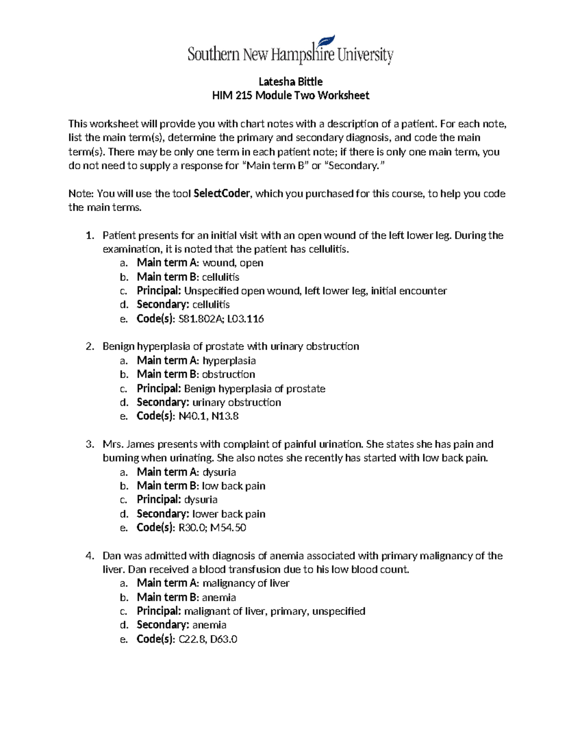HIM 215 Module Two Worksheet - Latesha Bittle HIM 215 Module Two ...