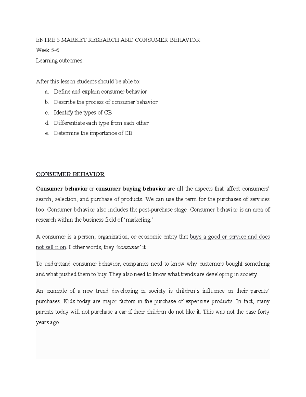 Entre 5 Market Research AND Consumer Behavior WEEK 6-7 - ENTRE 5 MARKET ...