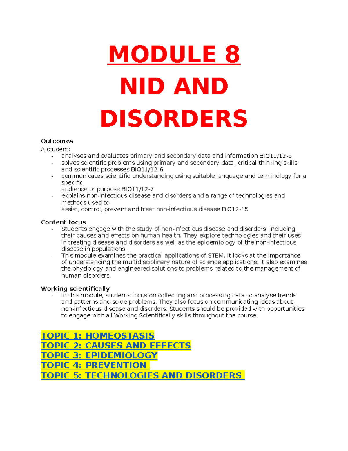 NON- Infectious Disease AND Disorders Notes - MODULE 8 NID AND ...