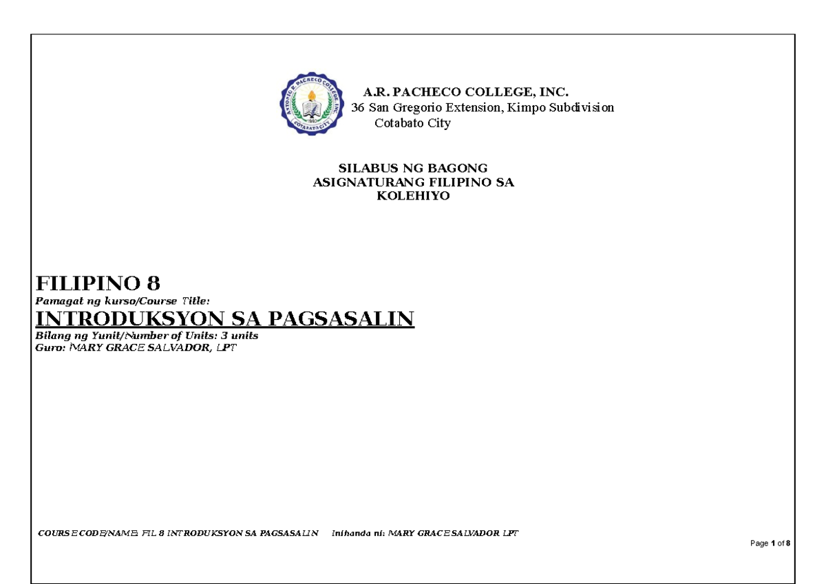 Introduksyon SA Pagsasalin - A. PACHECO COLLEGE, INC. 36 San Gregorio ...