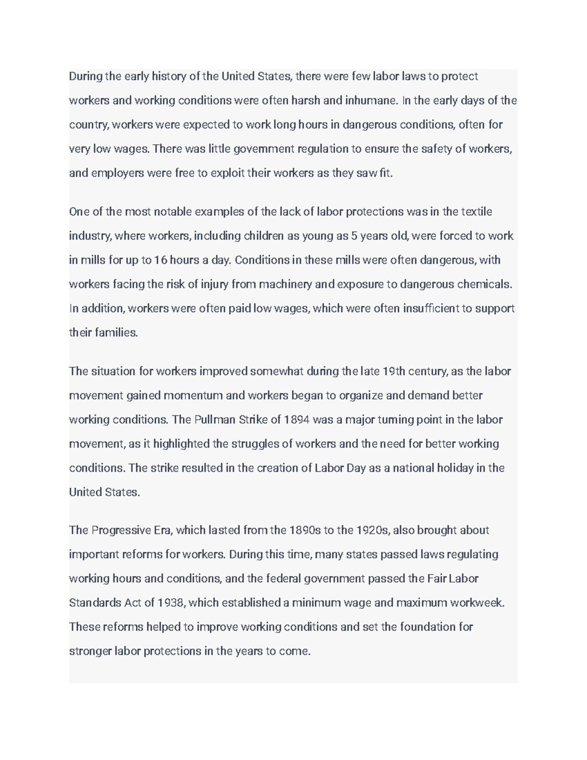 Harsh Working Conditions - During the early history of the United ...