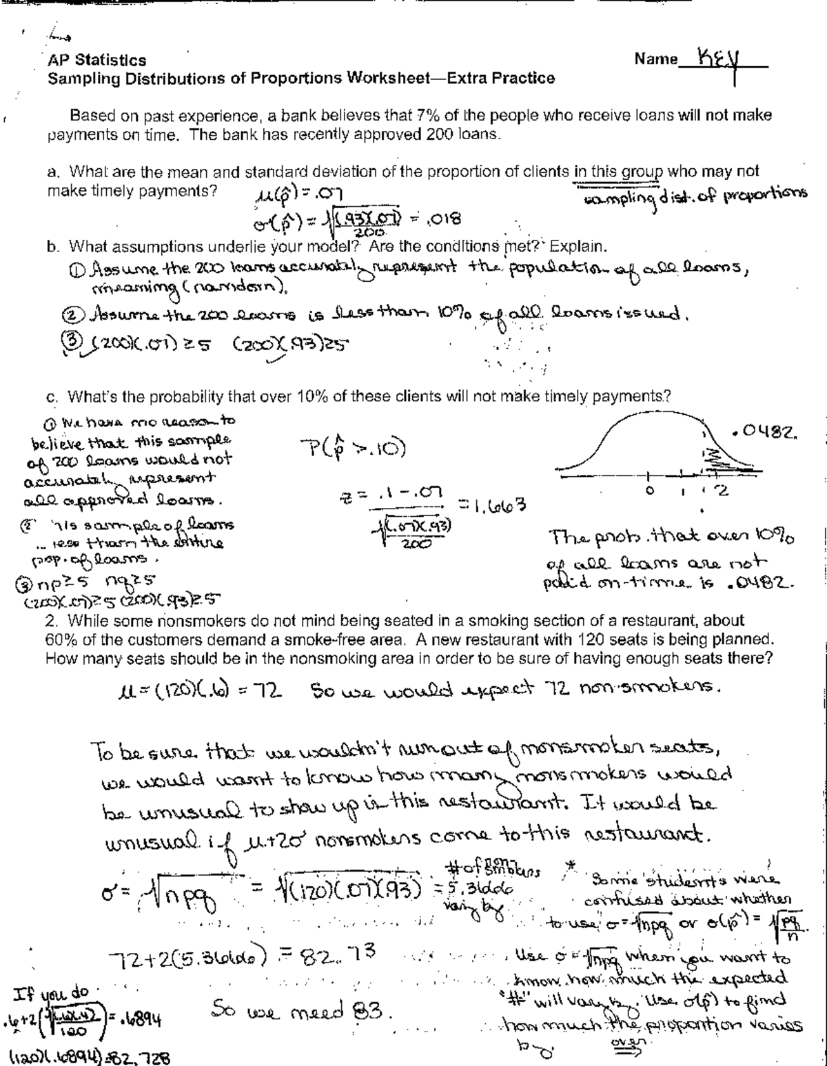 Samp. Dist. of Proportions Extra Practice Solutions - AP Statistics ...