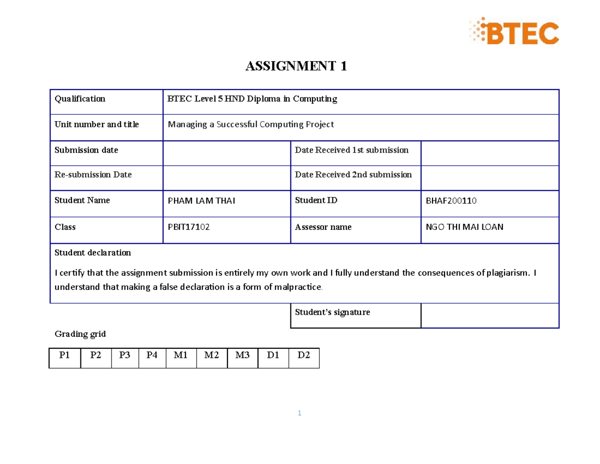 Assignment 1 Mscp Pham Lam Thai Assignment 1 Qualification Btec Level 5 Hnd Diploma In