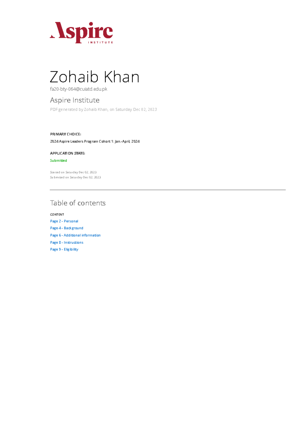 Zohaib khan aspire institute application - ####### /cover-dig-sig/ Zohaib Khan - Studocu