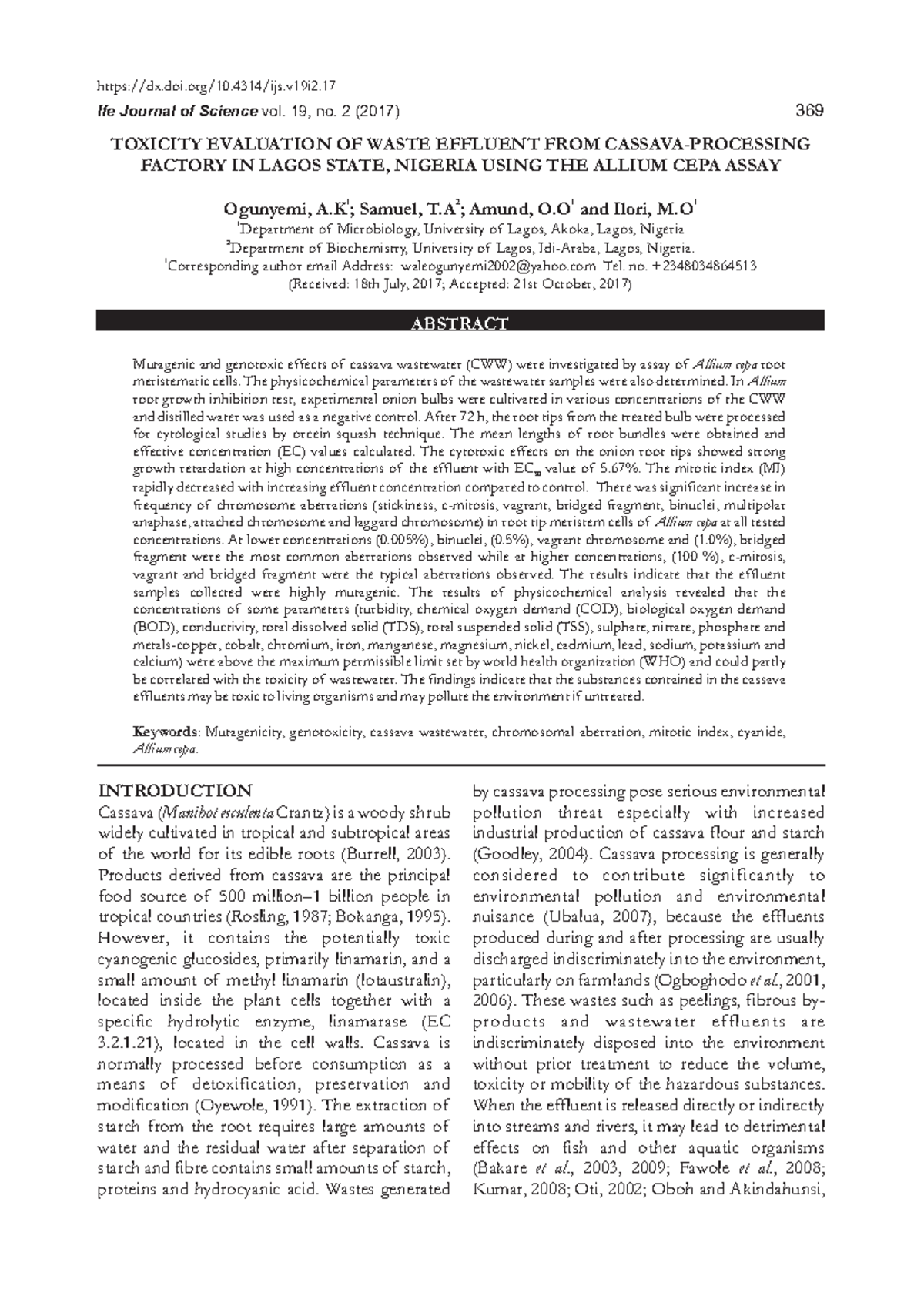 Toxicity Evaluation OF Waste Effluent FROM Cassava- Processing - Ife ...