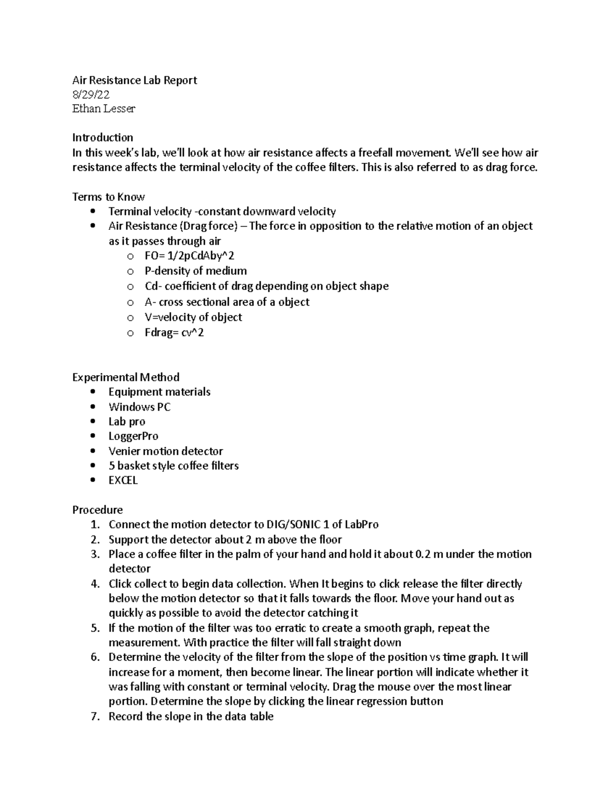Air Resistance Lab Report - Air Resistance Lab Report 8/29/ Ethan ...