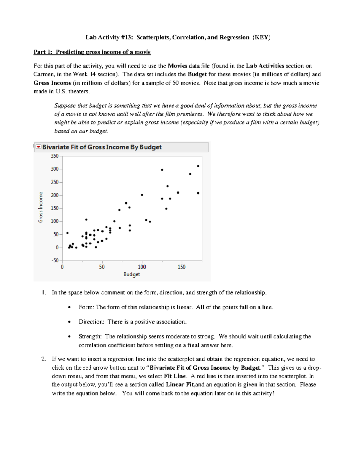 Lab13 Scatterplots and Correlation and Regression Movies KEY - Lab Activity #13: Scatterplots ...