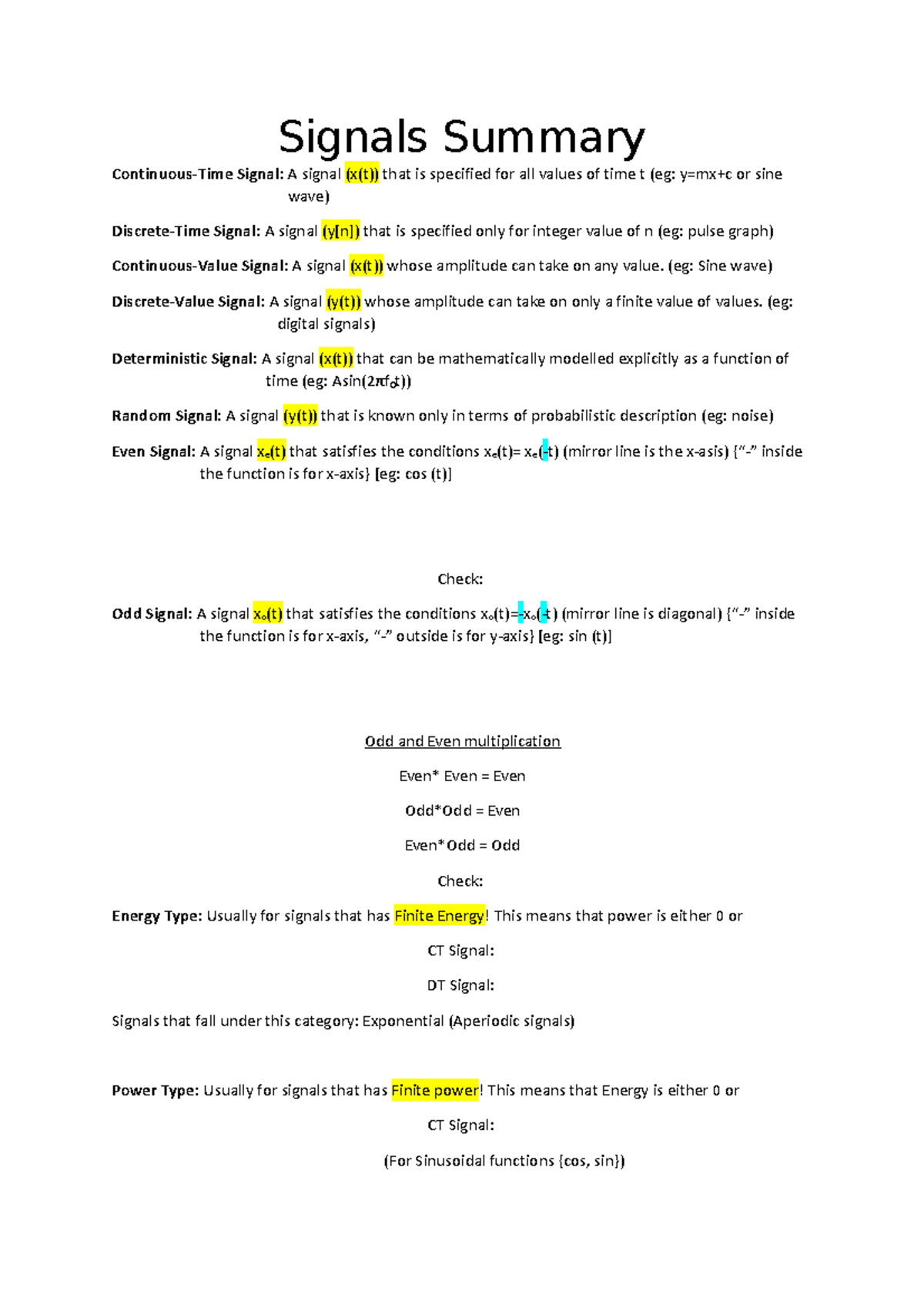 Signals Summary (My Notes) - Signals Summary Continuous-Time Signal: A ...