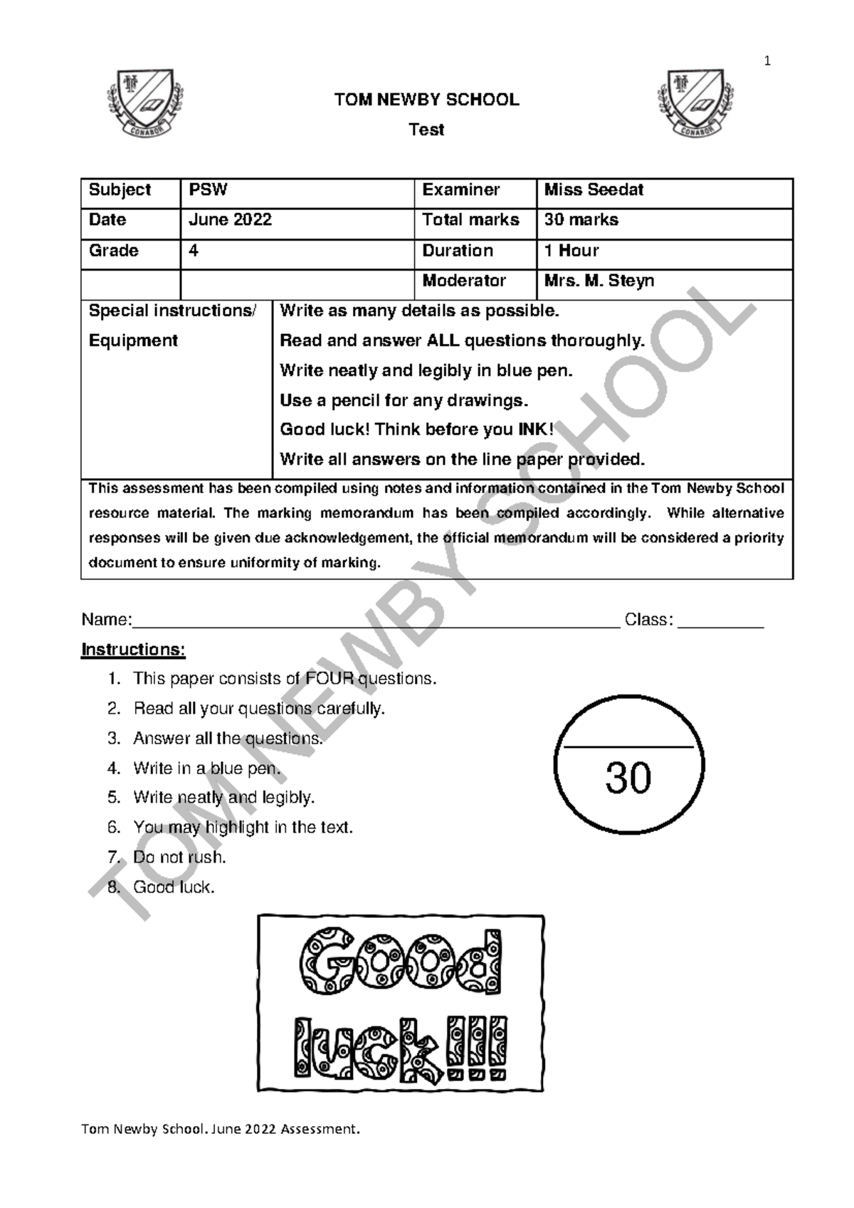 Grade 4 Life Skills Exam June 2022 - TOM NEWBY SCHOOL Test Subject PSW ...