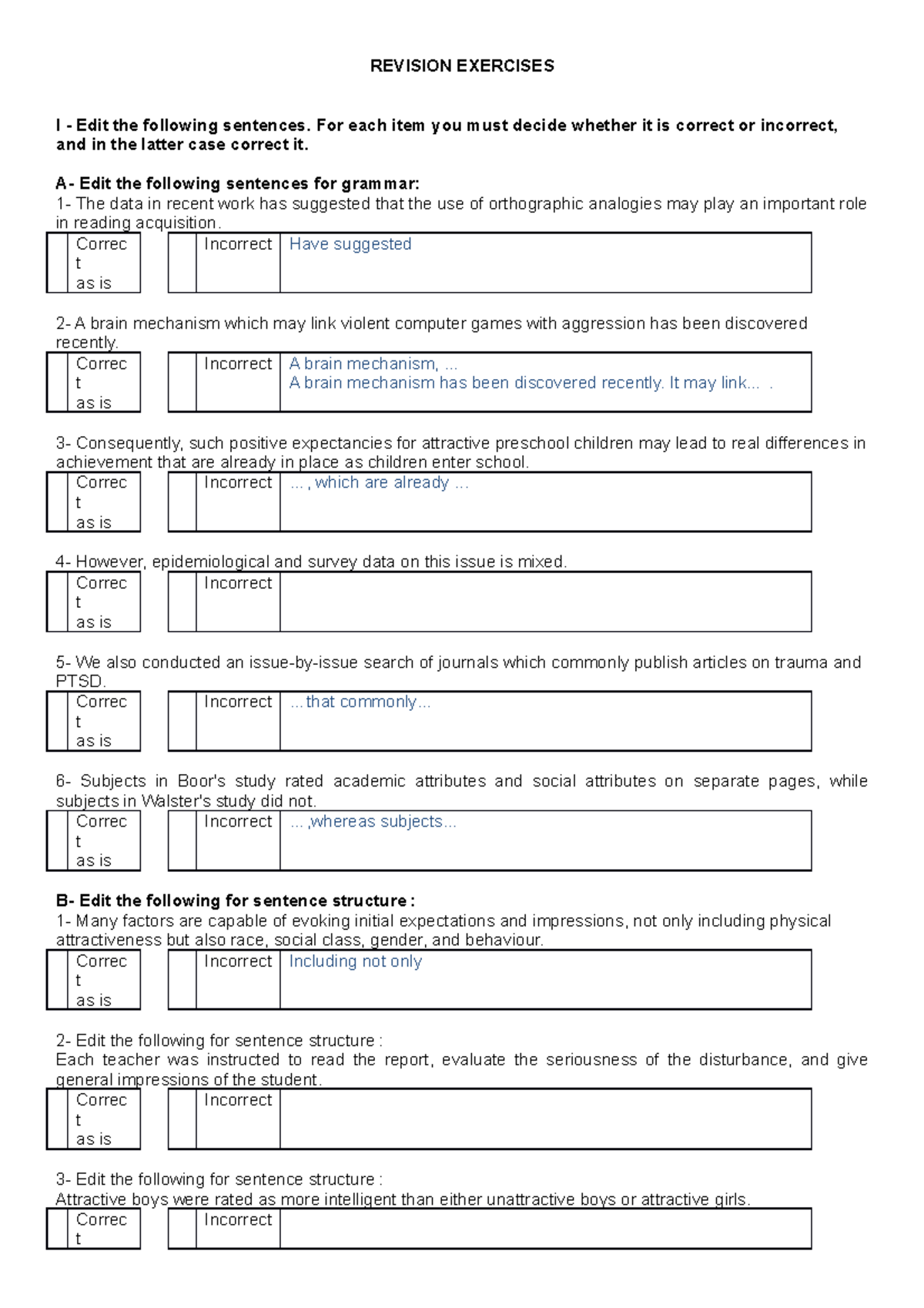 Revision exercises - REVISION EXERCISES I - Edit the following ...