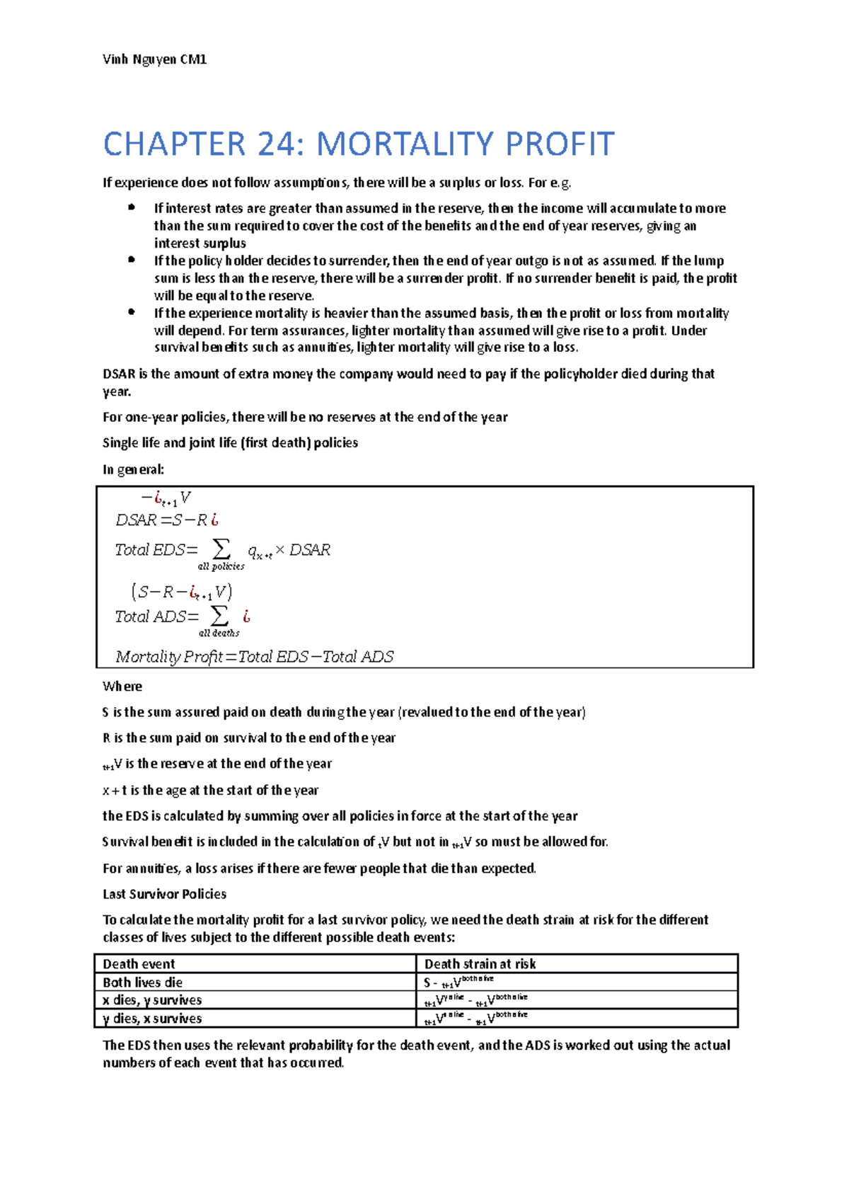 Module 5 - cm1 notes - CHAPTER 24: MORTALITY PROFIT If experience does ...