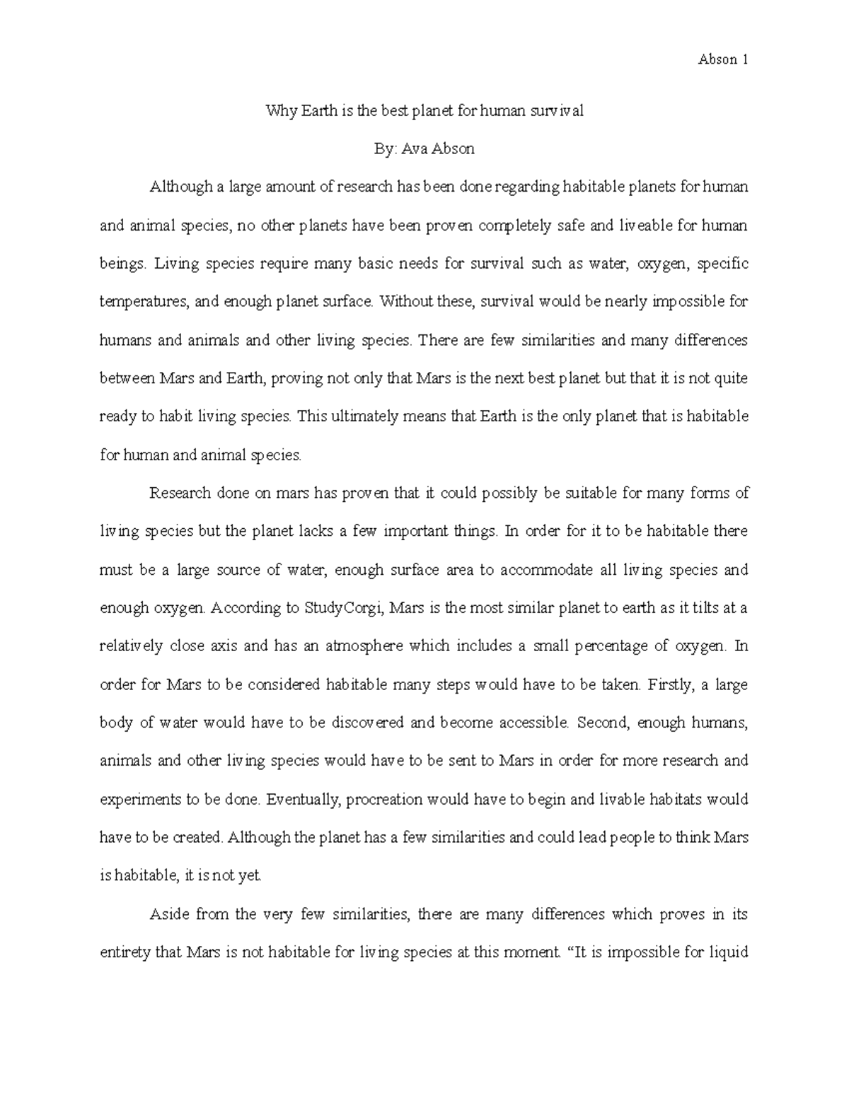 Compare and Contrast Essay ENGL1003 - Why Earth is the best planet for ...