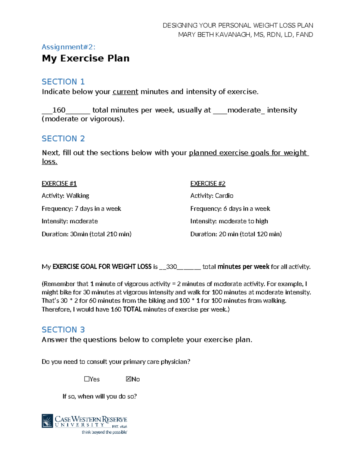 My exercise plan - Summary Things - DESIGNING YOUR PERSONAL WEIGHT LOSS PLAN MARY BETH KAVANAGH ...