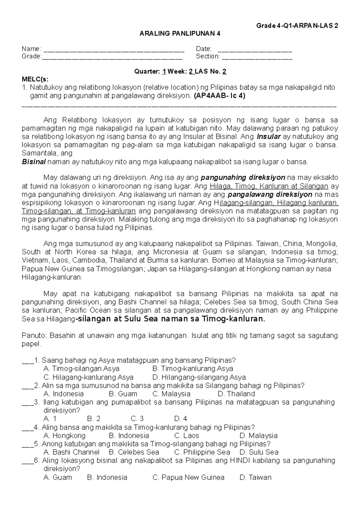 Grade 4 Q1 Arpan LAS 2 - Summative Test in AP 4 - Grade 4-Q1-ARPAN-LAS ...
