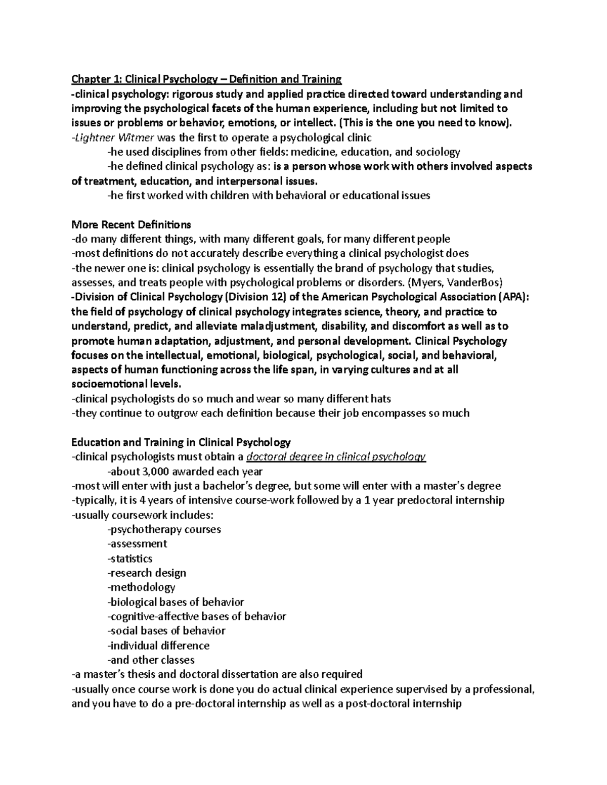 Chapter 1 Book Notes - Chapter 1: Clinical Psychology – Definition and ...