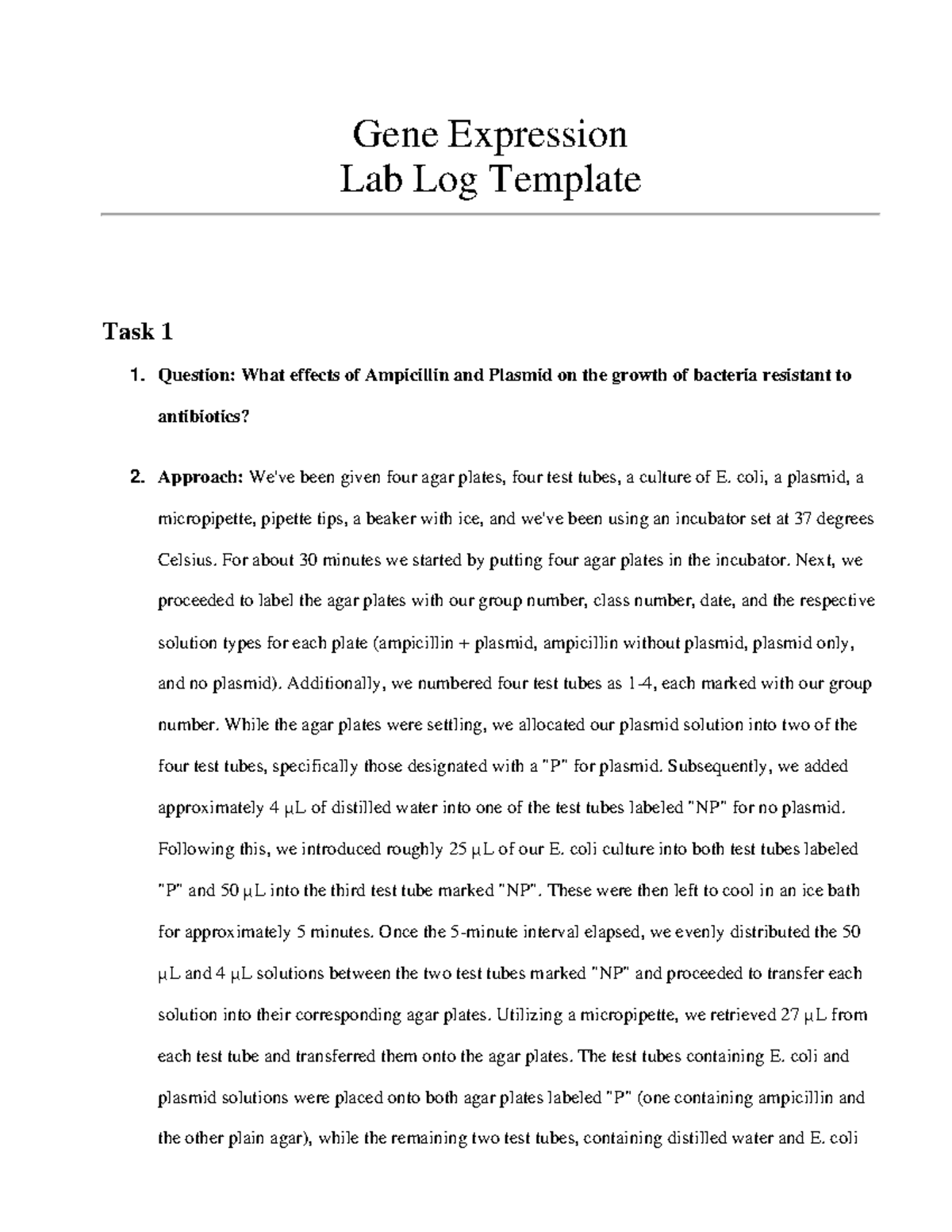 Gene Expression Lab Log - Gene Expression Lab Log Template Task 1 ...
