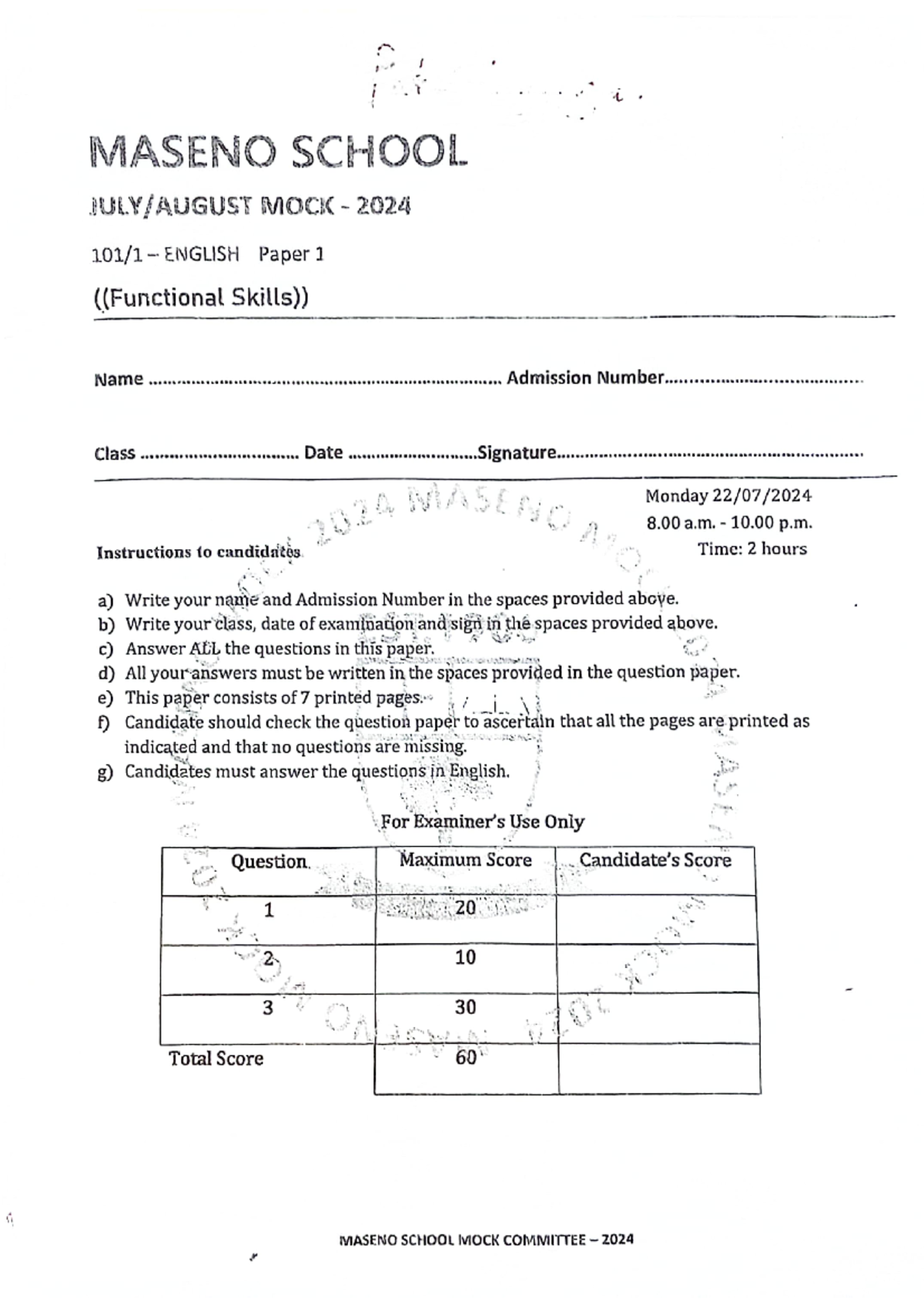 English Pp1 Marking scheme mock 2024 - MASENO SCHOOL MOCK 2024 ENGLISH ...