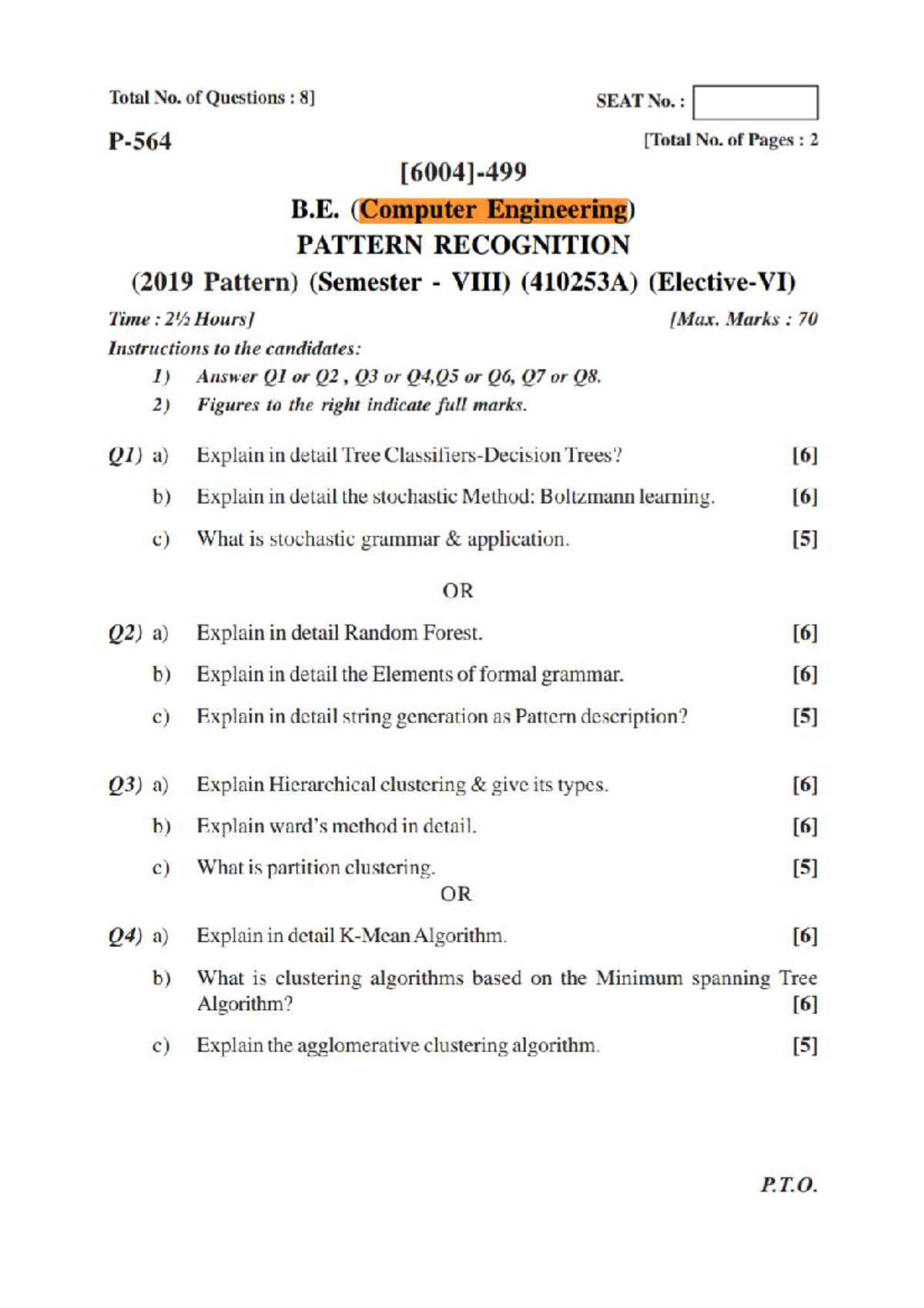 Question paper of Pattern Recognition - Computer Engineering - Studocu