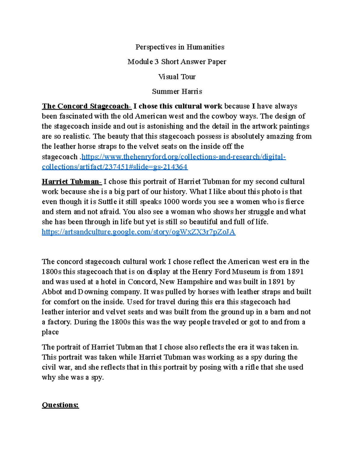 Module 3 short answer paper - Perspectives in Humanities Module 3 Short ...