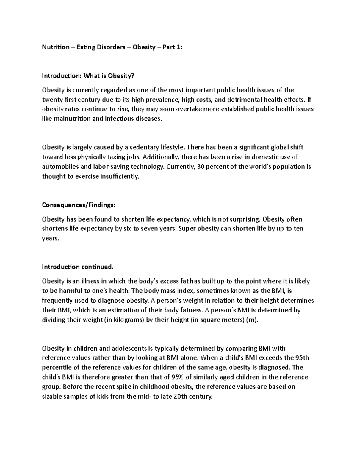 Eating Disorders - Obesity Part 1 - Nutrition – Eating Disorders ...