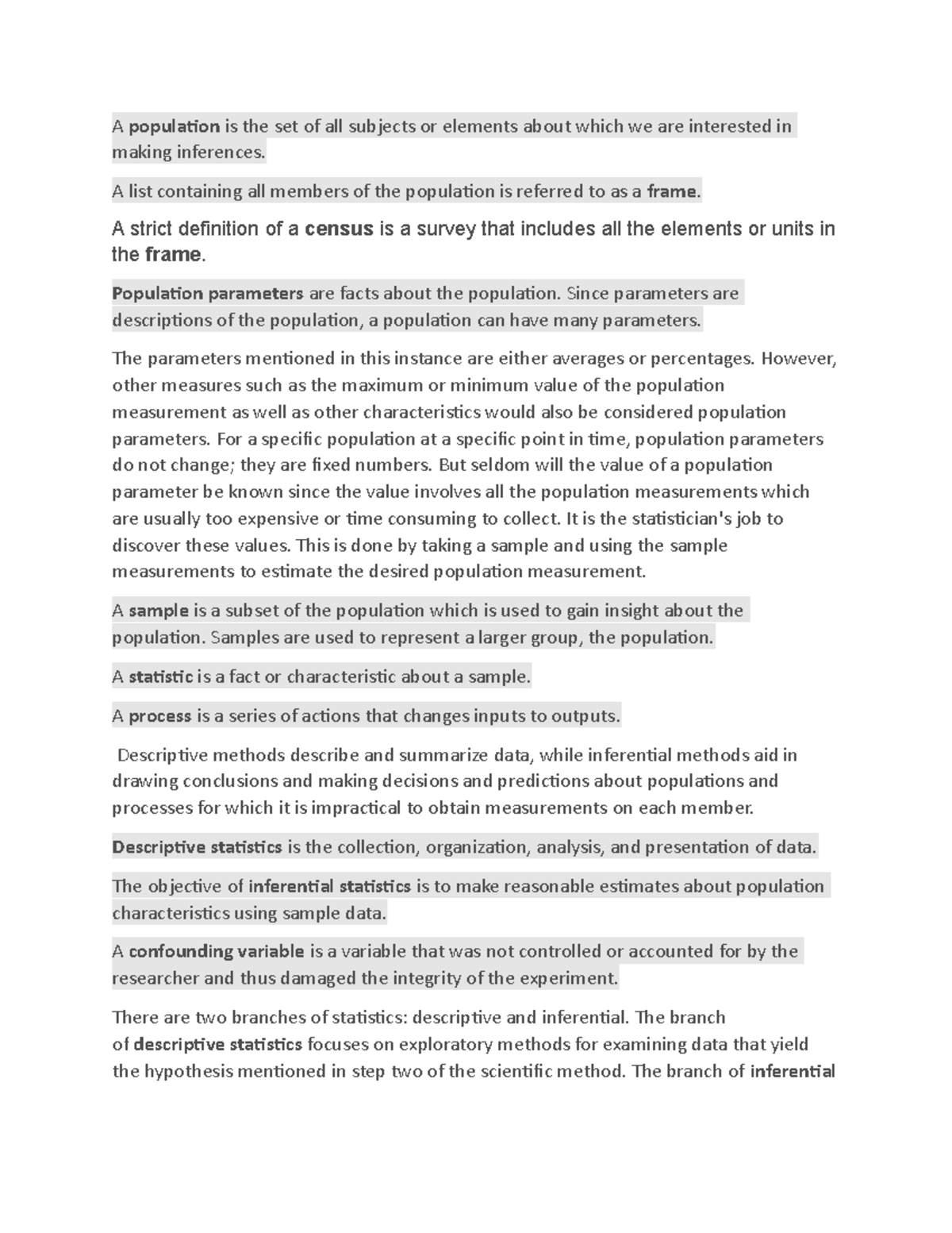 Study material Exam 1 - A population is the set of all subjects or ...