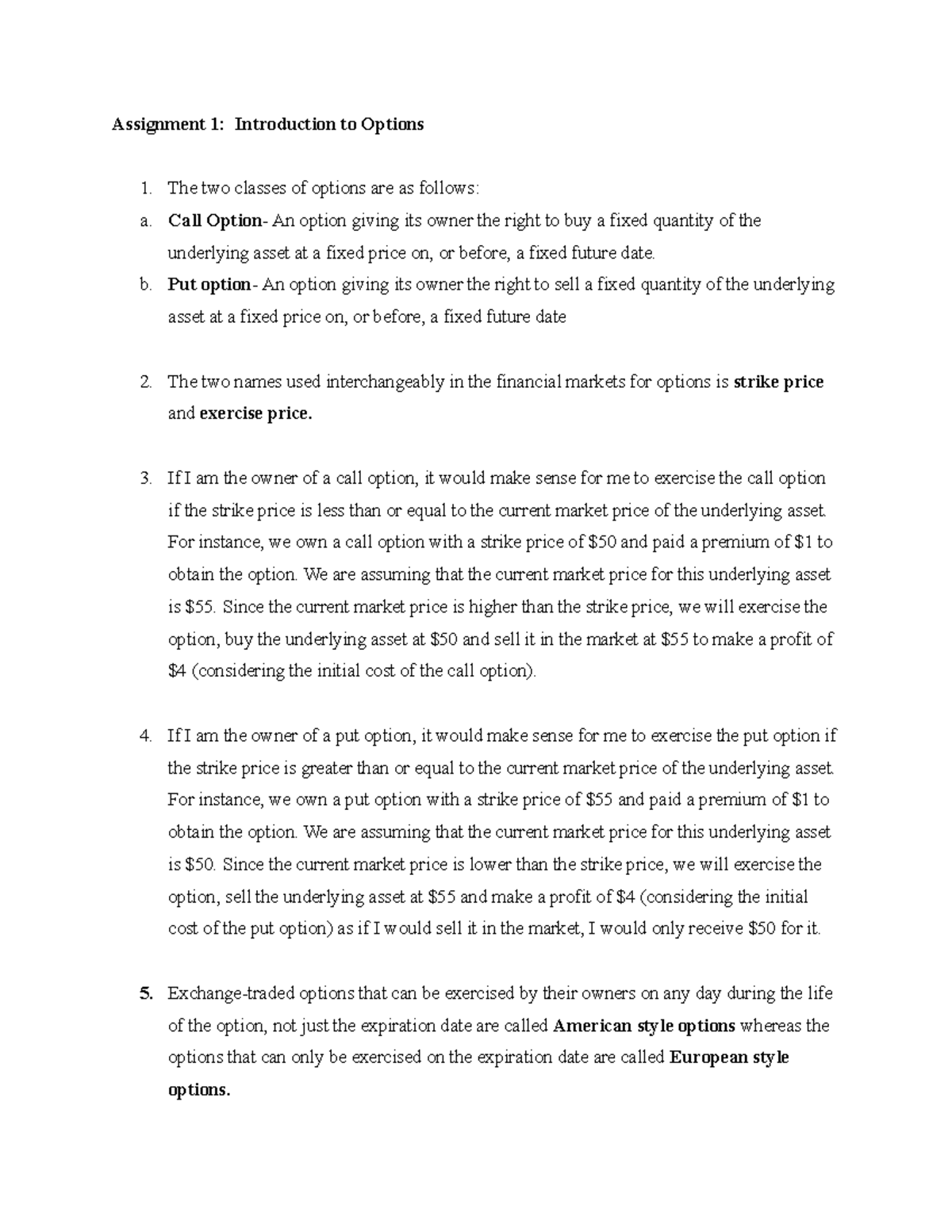 Introduction to options assignment 1 - Assignment 1: Introduction to ...
