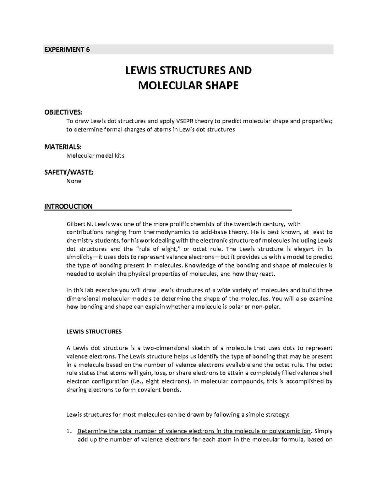 Lab 4 Experiment 6.v2 (2) 2 - EXPERIMENT 6 LEWIS STRUCTURES AND ...