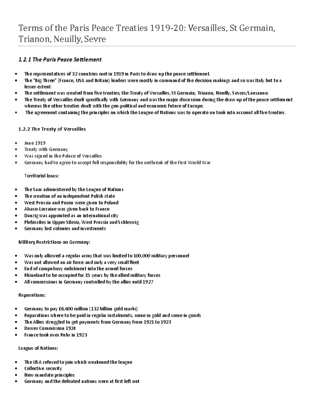 IB Guides Versailles Treaty and League notes - Terms of the Paris Peace ...