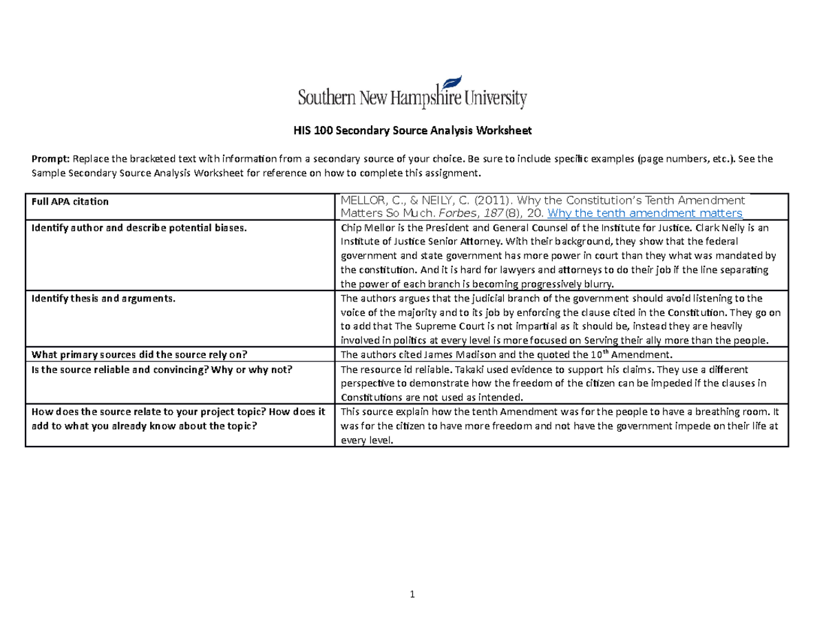 HIS 100 Secondary Source Analysis Worksheet - HIS 100 Secondary Source ...