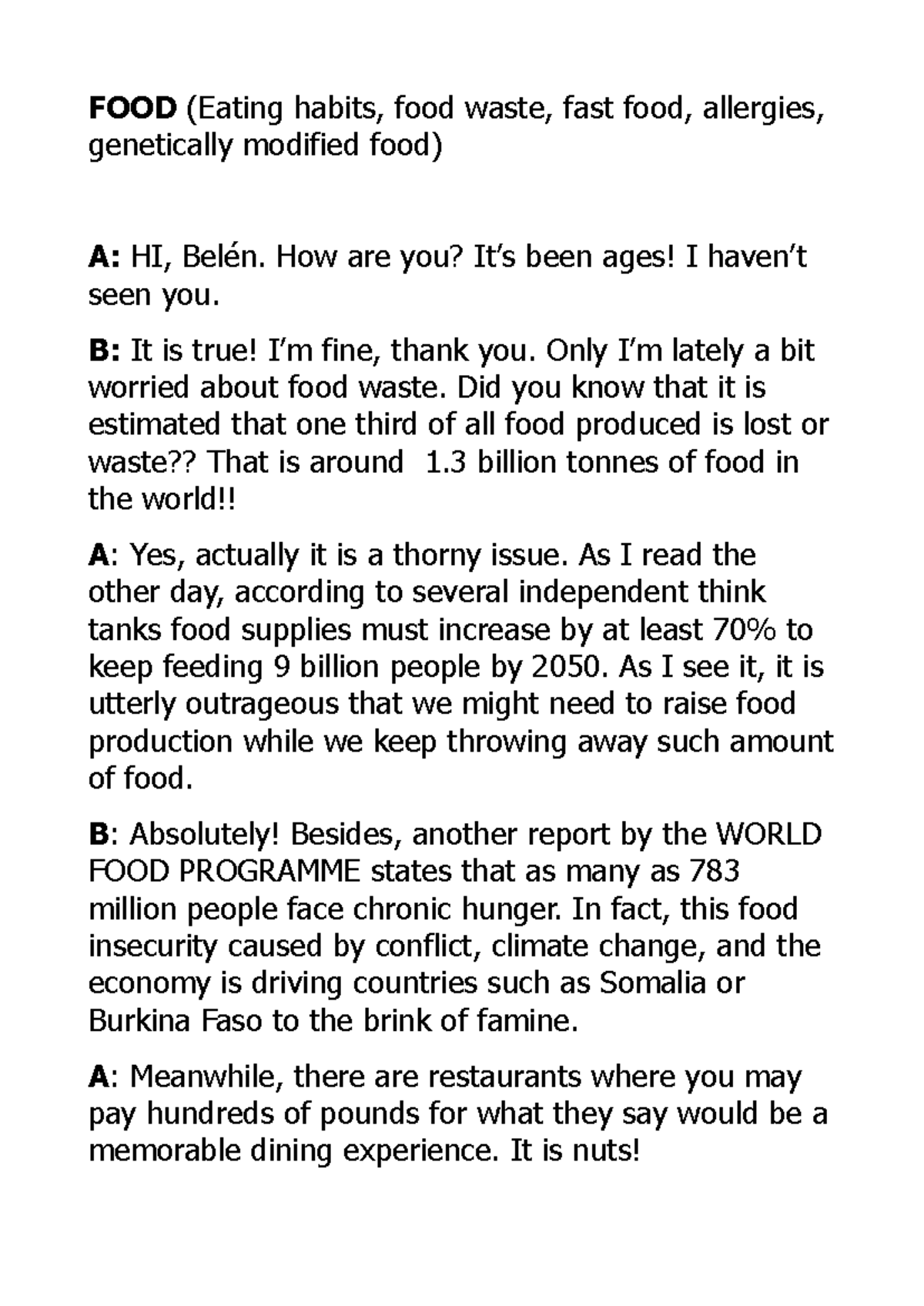 FOOD Dialogue - FOOD (Eating habits, food waste, fast food, allergies ...