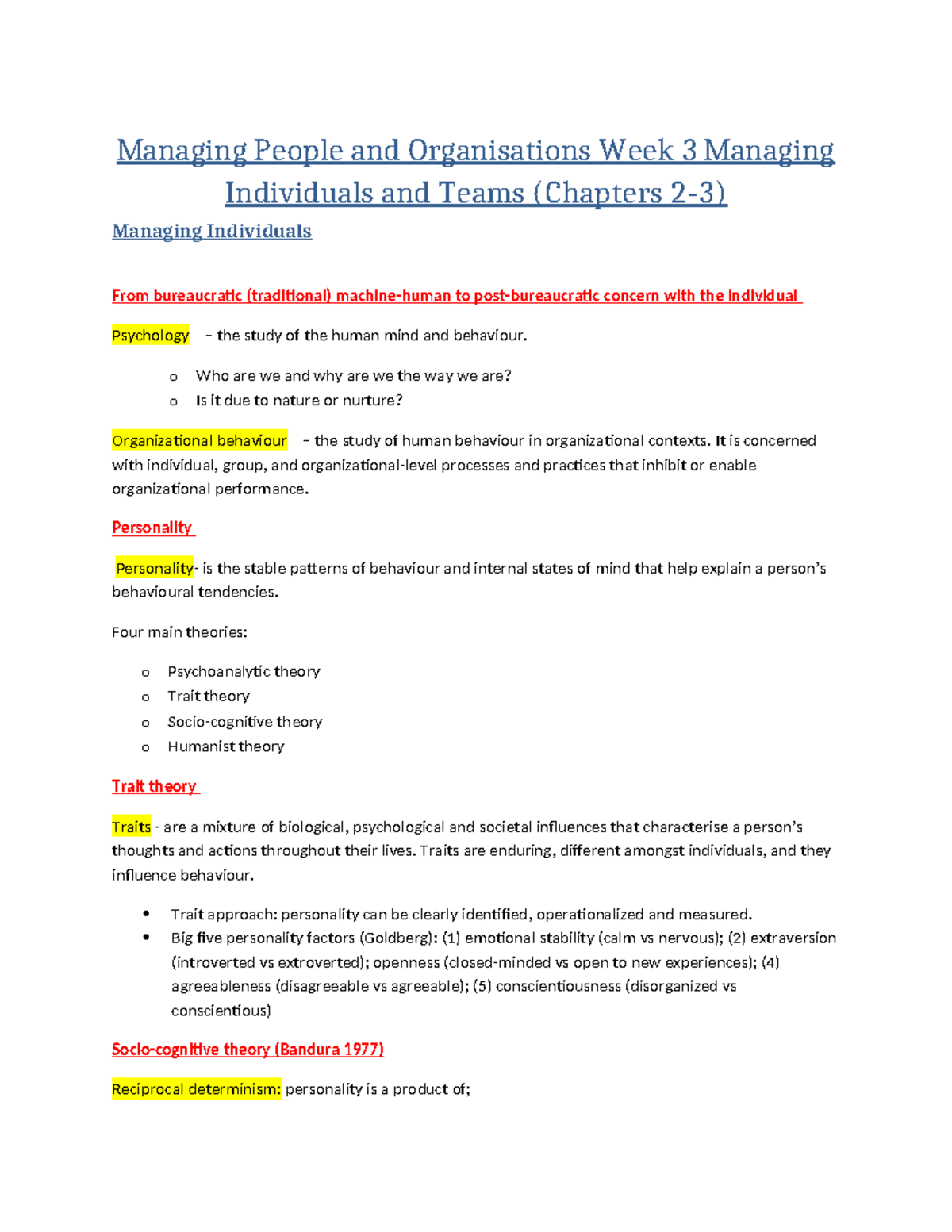 Managing People and Organisations Week 3 Managing Individuals and Teams ...