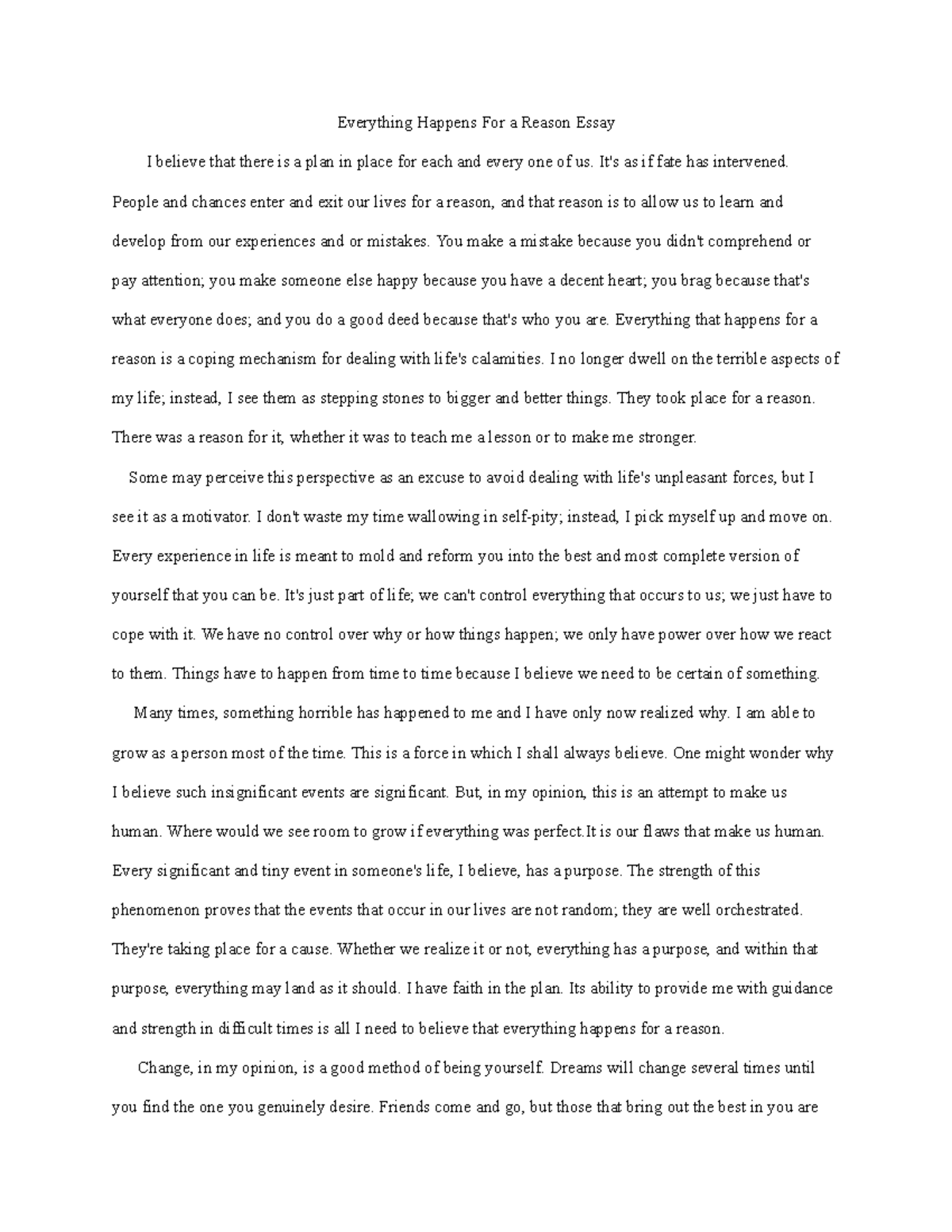 Everything Happens For a Reason Essay final - Everything Happens For a ...