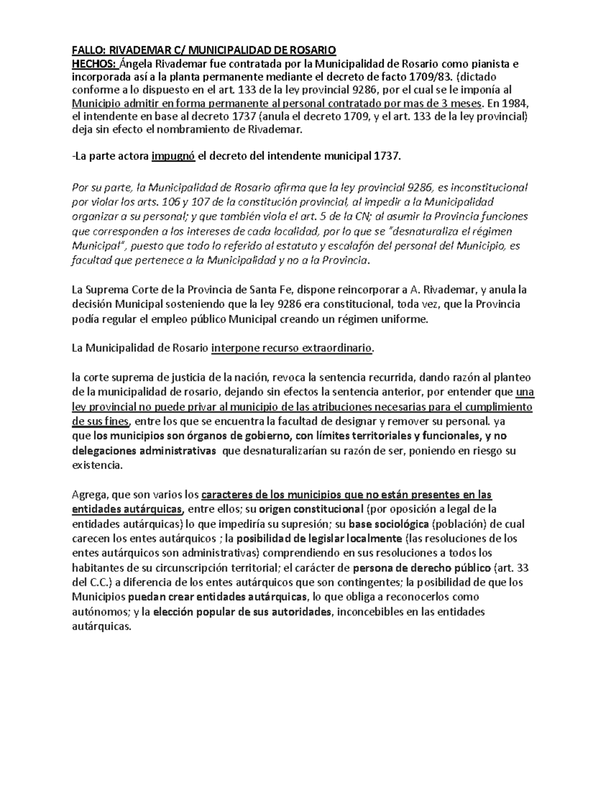 Fallos Segundo Parcial - FALLO: RIVADEMAR C/ MUNICIPALIDAD DE ROSARIO HECHOS: ¡ngela Rivademar ...