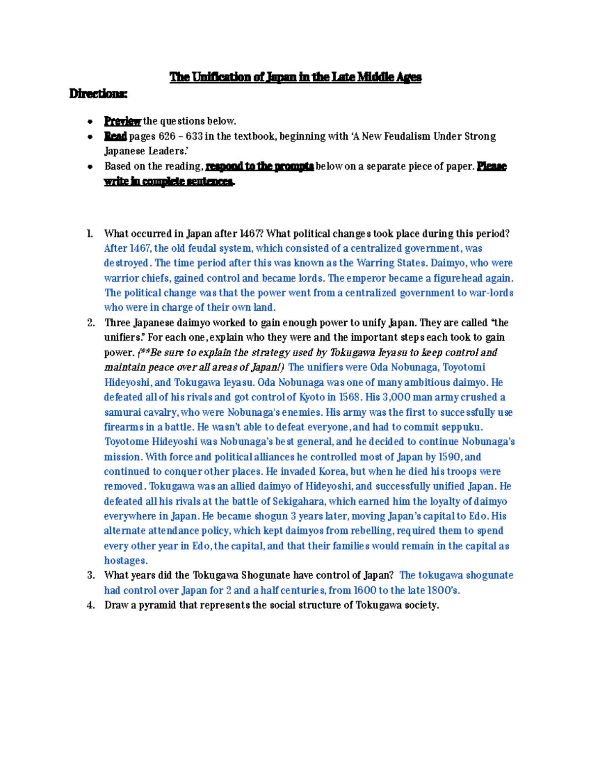 16.3 Open Response Questions - The Unification of Japan in the Late ...