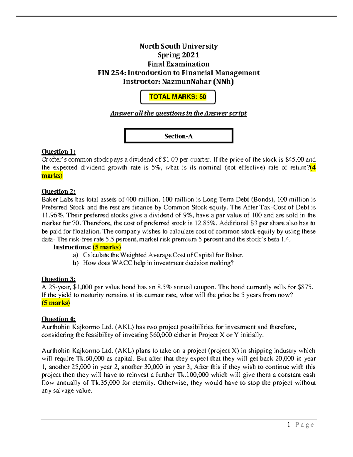 Fin254 - 1 | P a g e North South University Spring 2021 Final ...