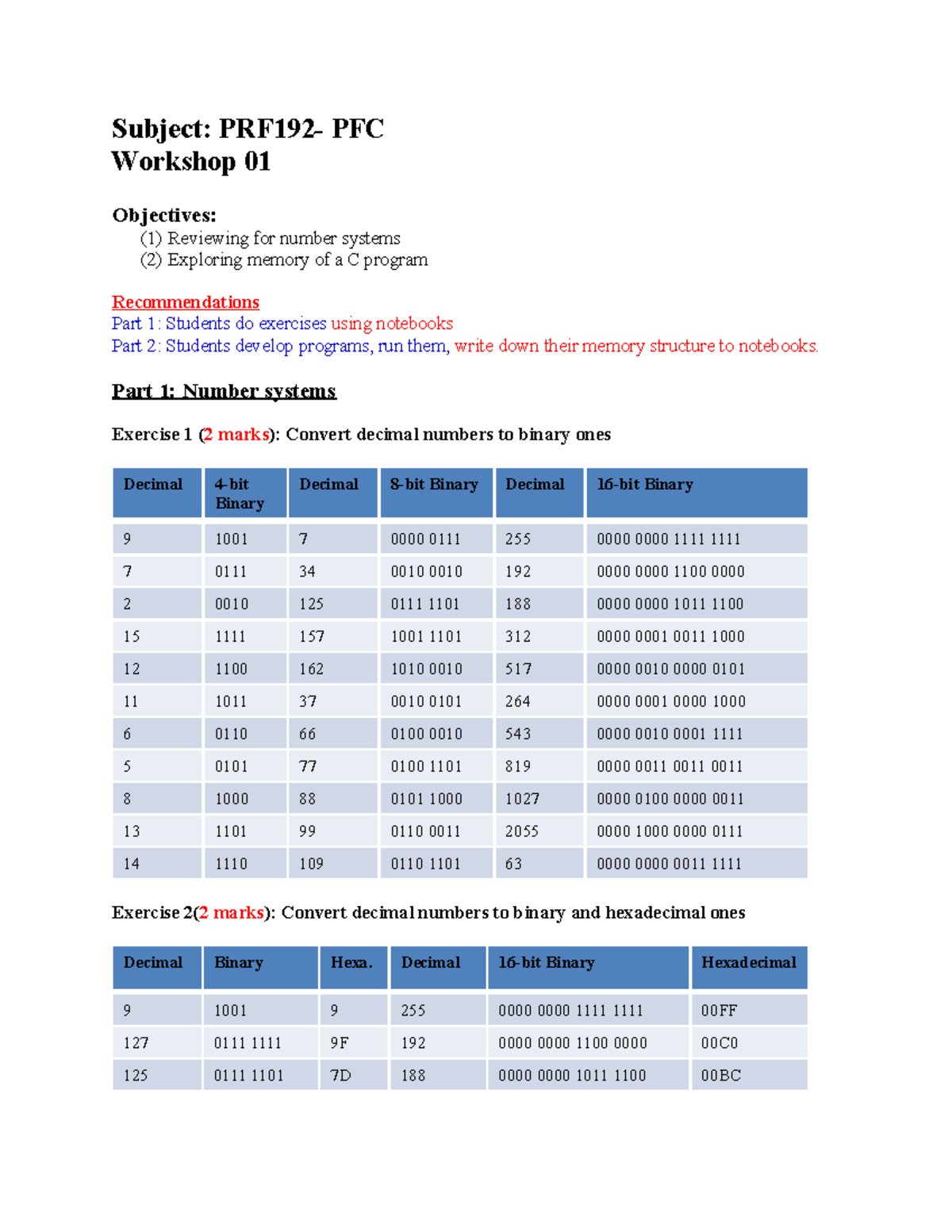 Workshop 012 - fdfdfdfdfsdfsdf - Subject: PRF192- PFC Workshop 01 Objectives: (1) Reviewing for ...