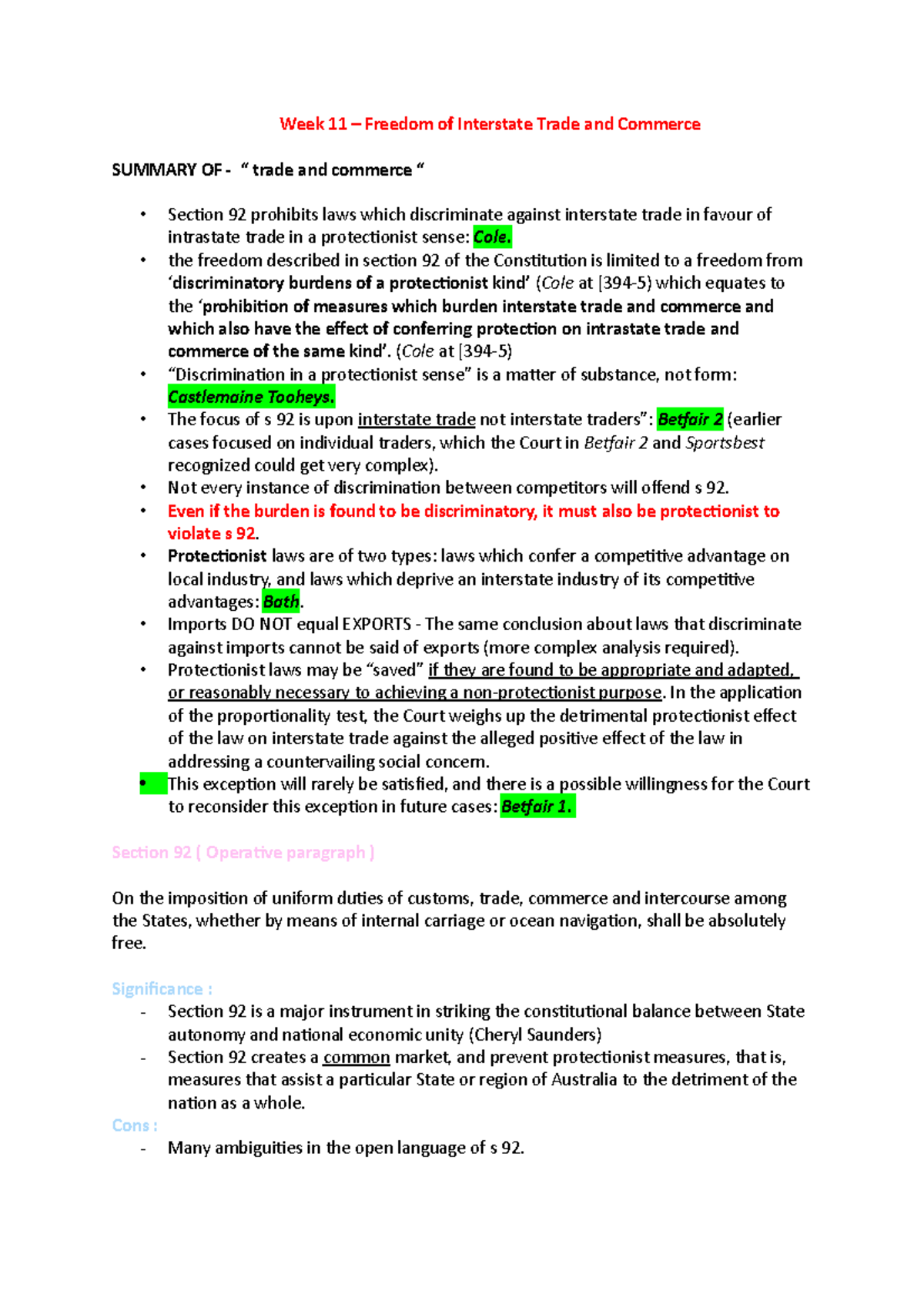 Module 11 - Week 11 – Freedom of Interstate Trade and Commerce SUMMARY ...