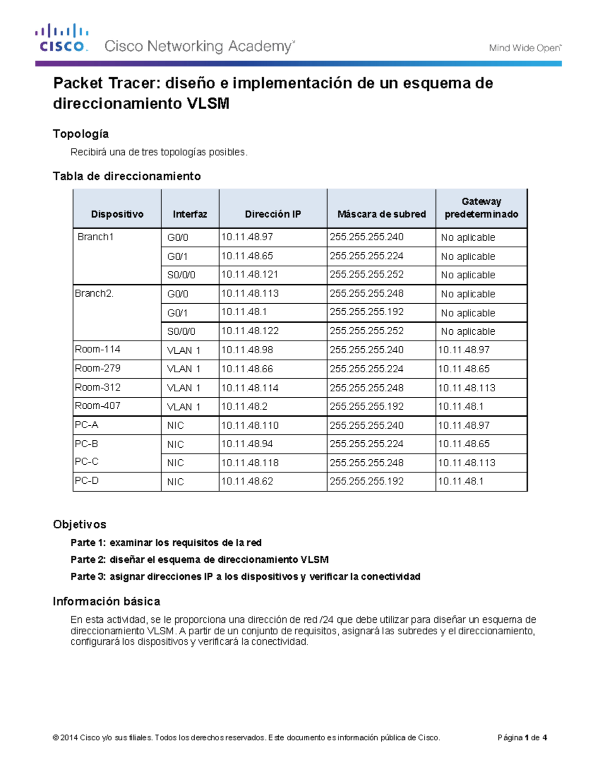 practica VLSM del diseño de red - Packet Tracer: diseño e implementación de un esquema de - Studocu