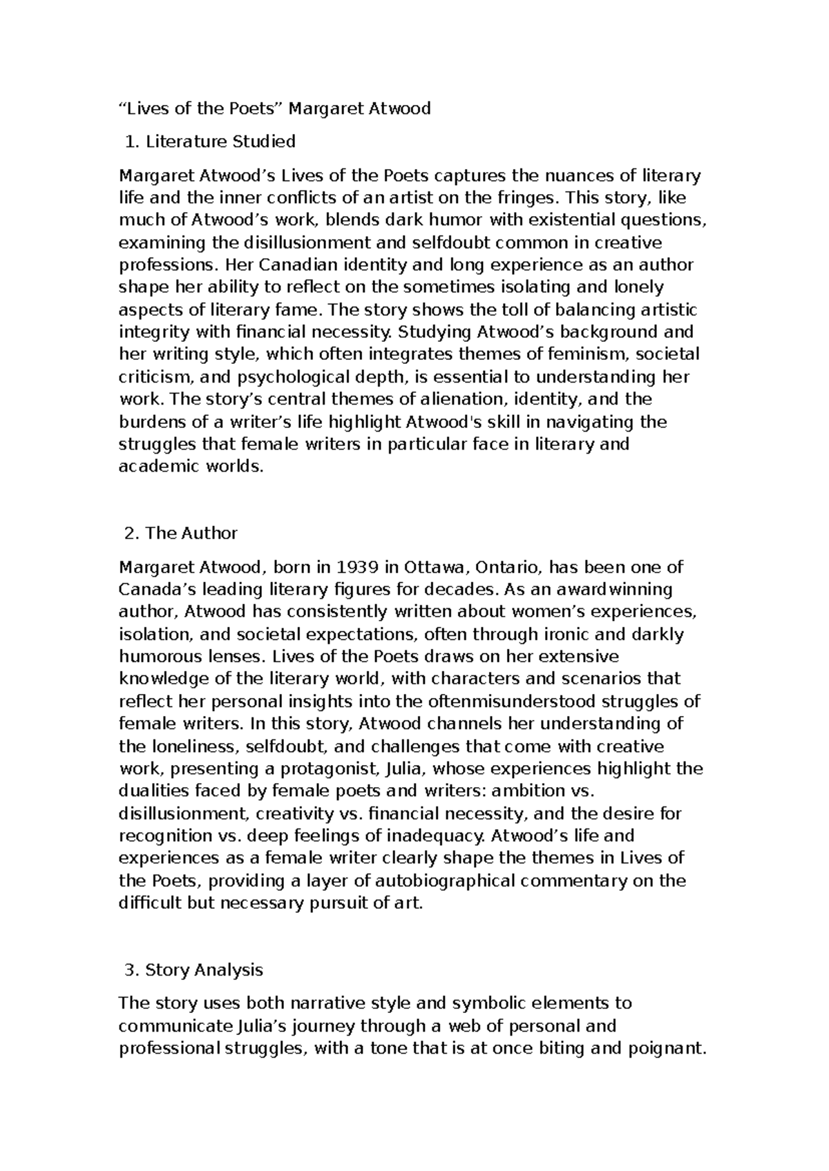 Lives of the poet - “Lives of the Poets” Margaret Atwood 1. Literature ...