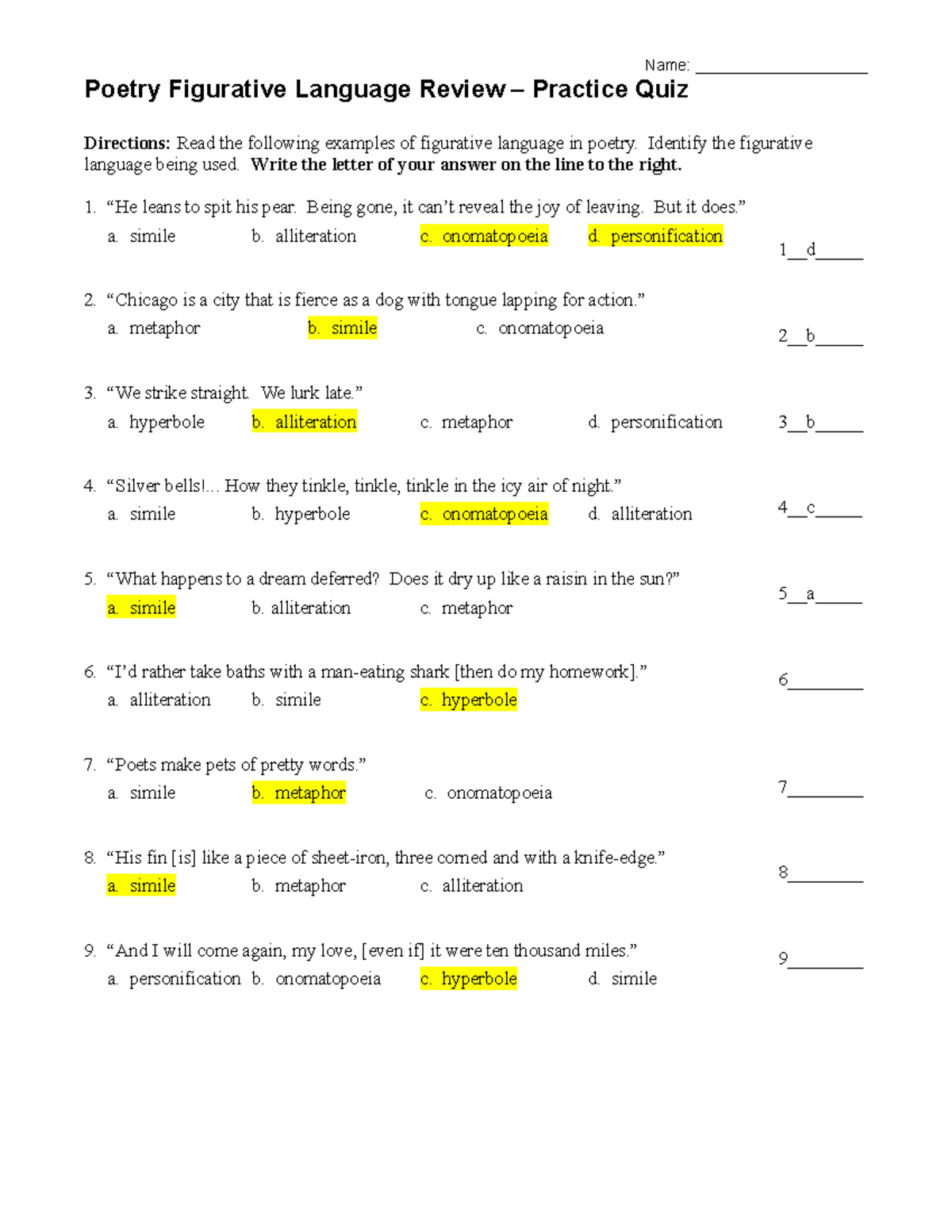 Figurative Language Printable Quiz