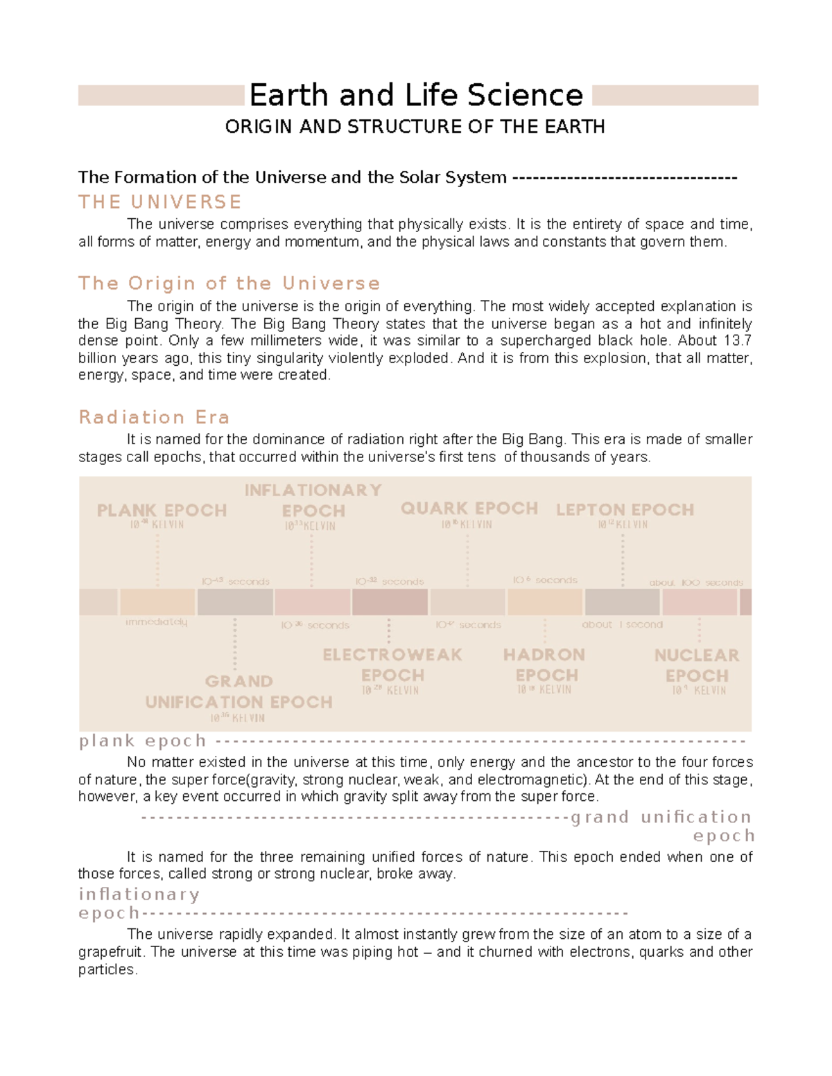 Origin and Structure of the Earth - Earth and Life Science ORIGIN AND ...