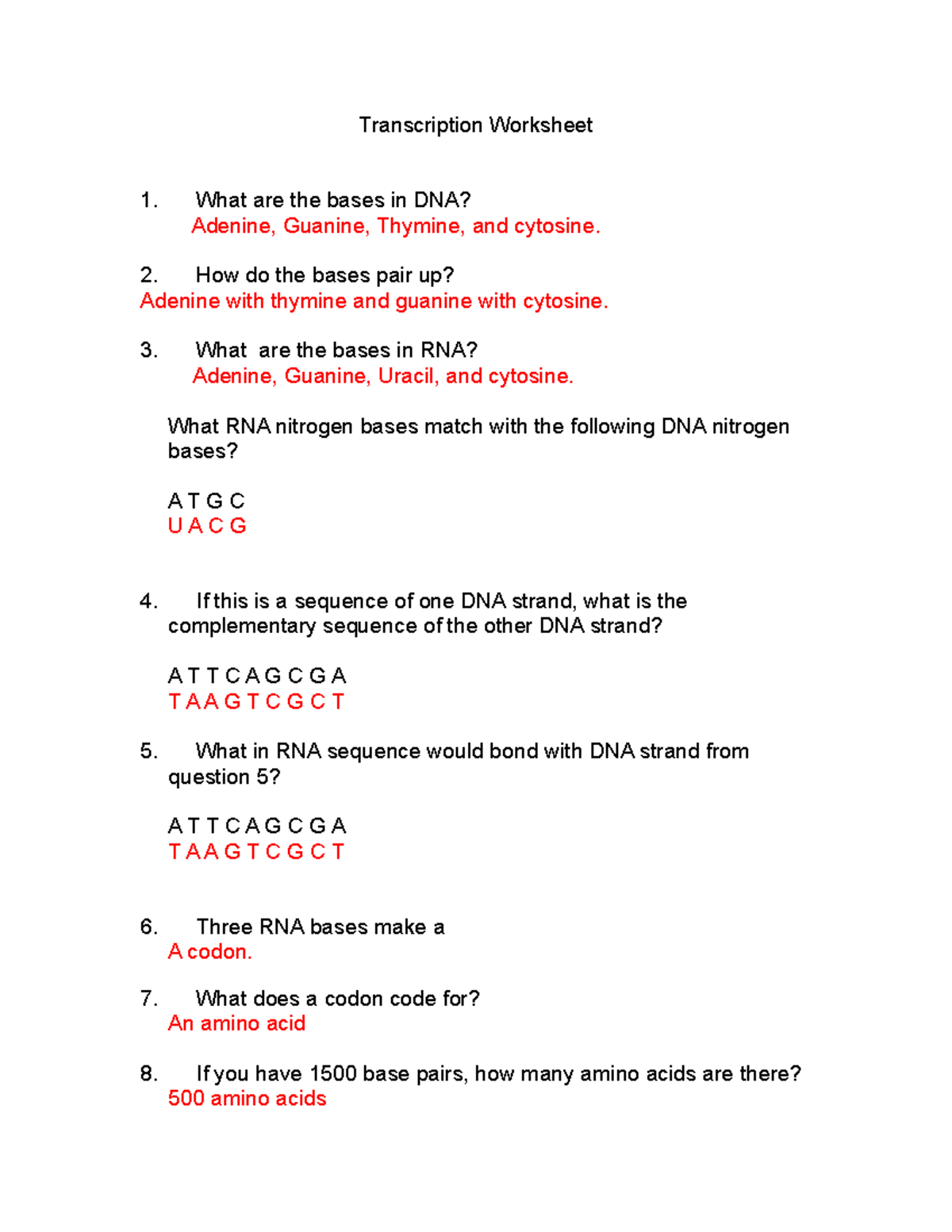 Transcription questionsheet answers - Transcription Worksheet What are ...