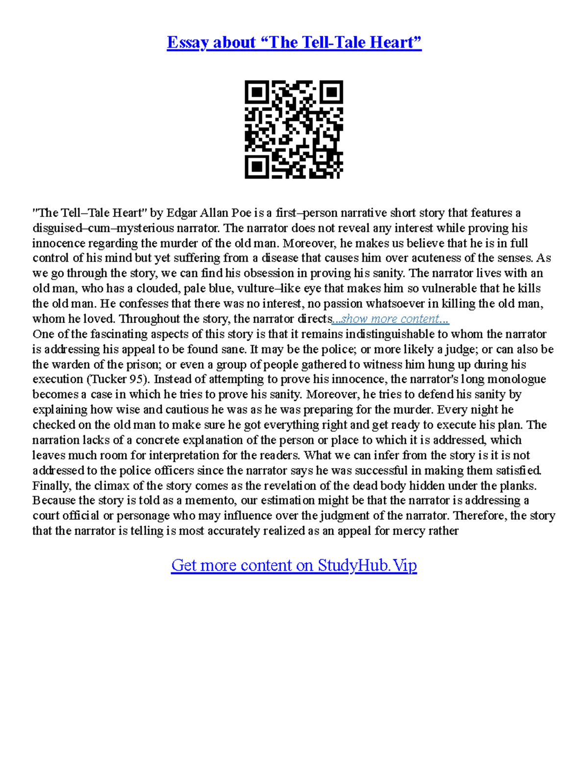 Tell Tale Heart Essay Questions - Essay about “The Tell-Tale Heart ...