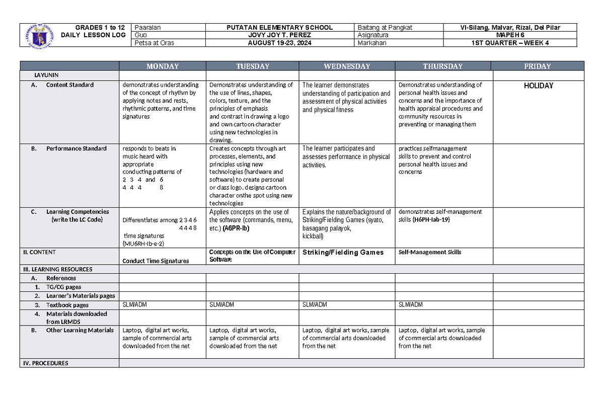 DLL Mapeh 6 Q1 W4 - dll quarter 1 - GRADES 1 to 12 DAILY LESSON LOG Paaralan PUTATAN ELEMENTARY ...