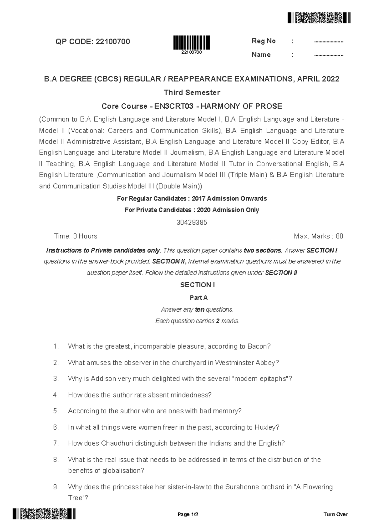 Harmony of Prose 2022 qp - QP CODE: 22100700 Reg No : ..................... Name : - Studocu