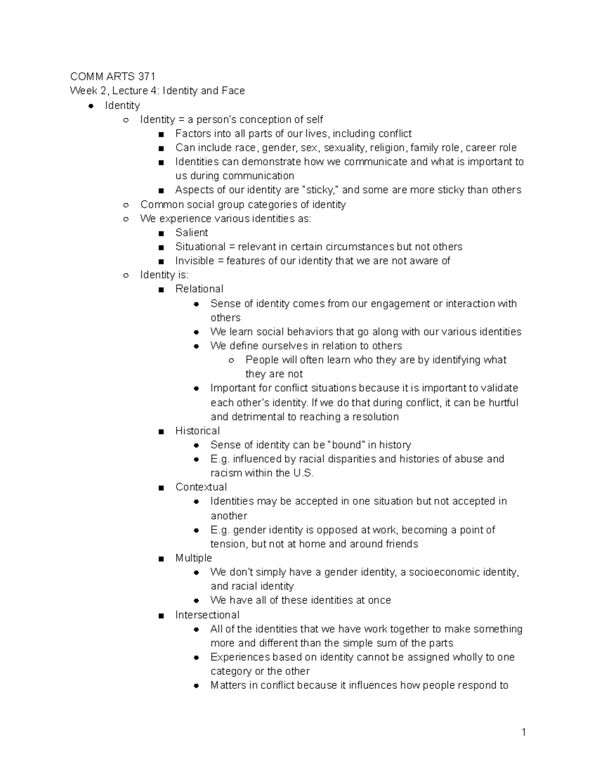 Lecture 4 - COMM ARTS 371 Week 2, Lecture 4: Identity and Face Identity ...