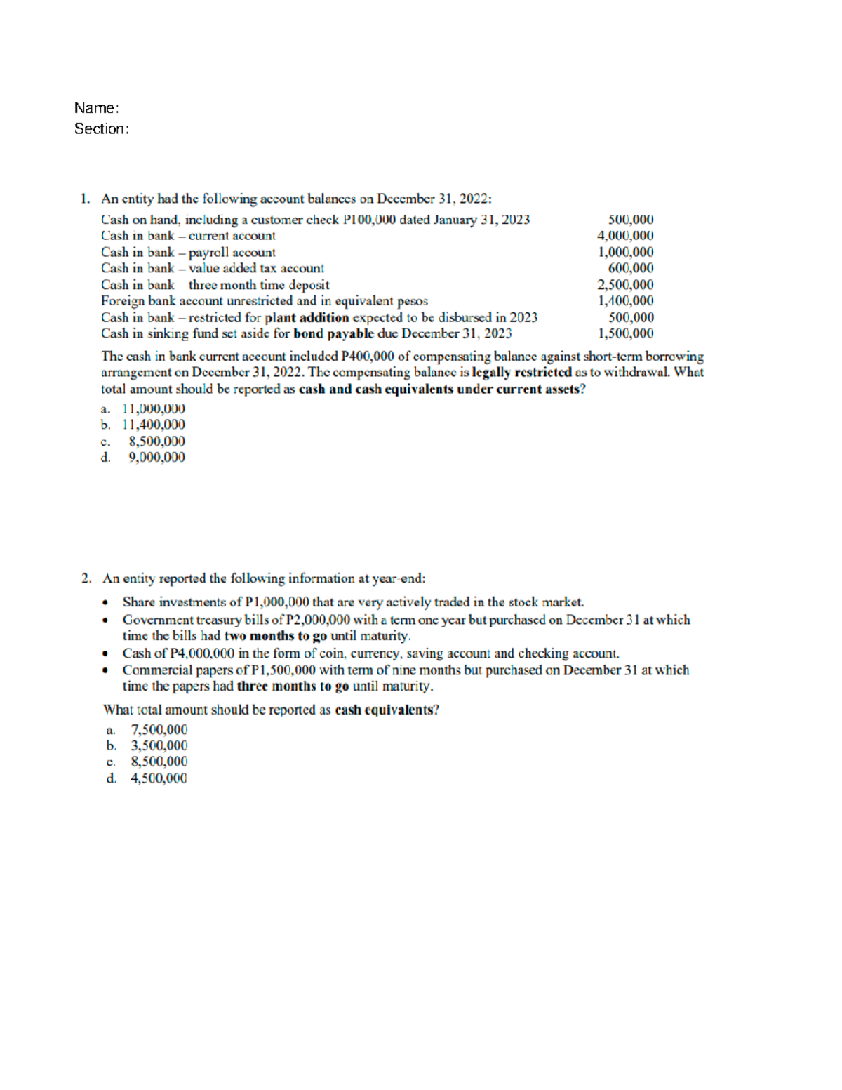 Cash and Cash Equivalent Activity - BS Accountancy - Name: Section ...
