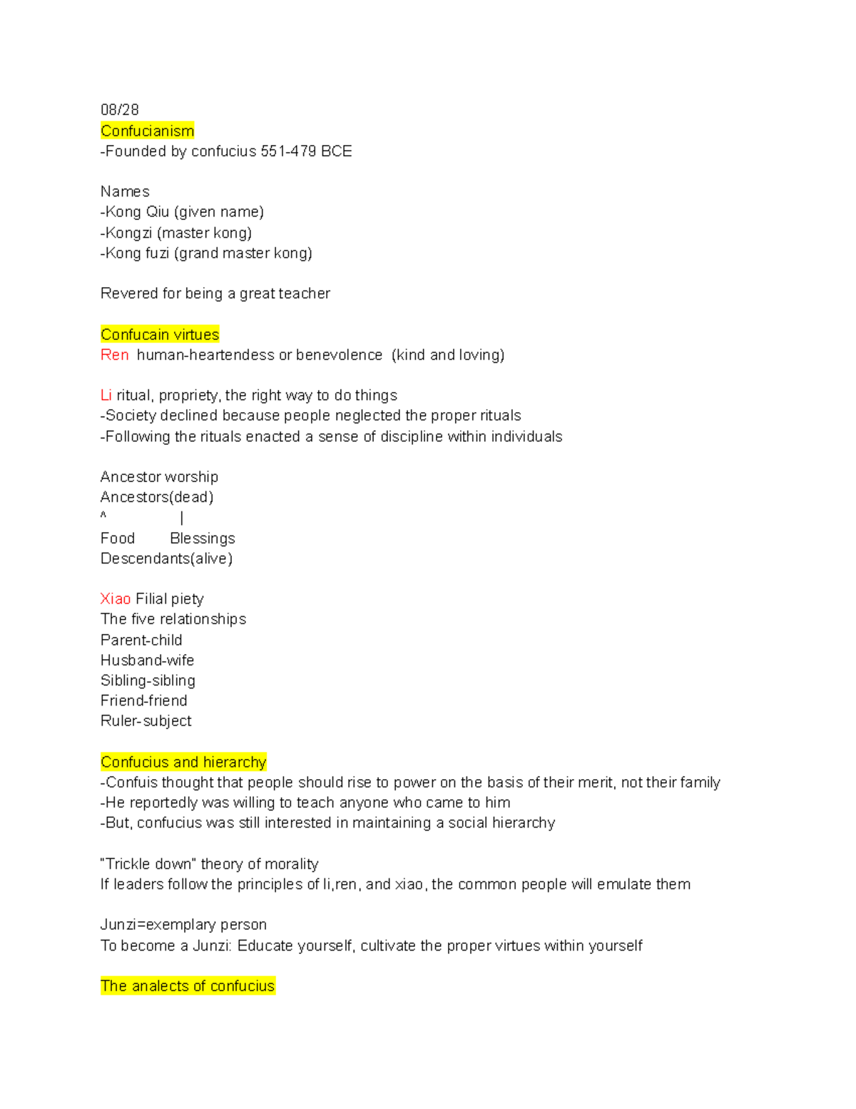 Asain 101 - lecture notes - 08/ Confucianism -Founded by confucius 551 ...