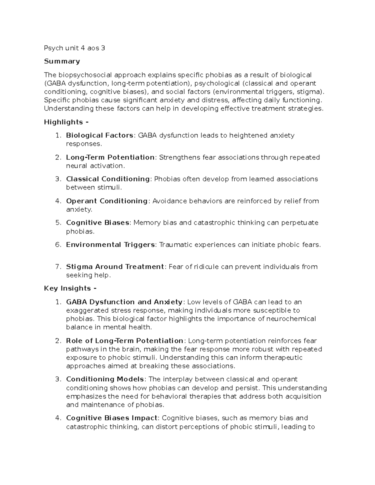 Psych unit 4 aos 3 - SUMMARY - Psych unit 4 aos 3 Summary The biopsychosocial approach explains ...
