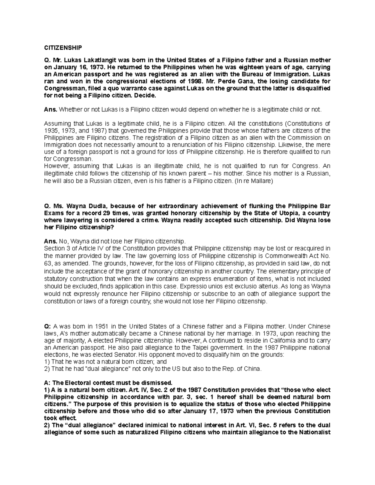 Citizenship - notes - CITIZENSHIP Q. Mr. Lukas Lakatlangit was born in ...